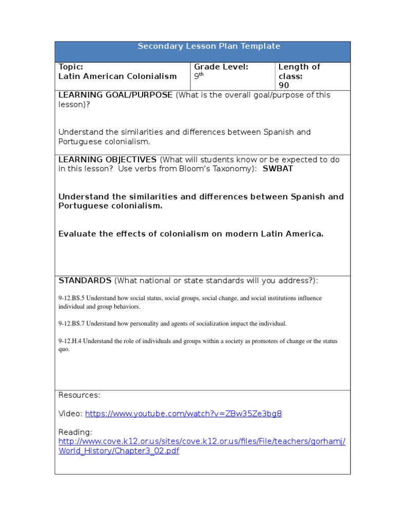 Latin American Colonialism Lesson Plan | PDF