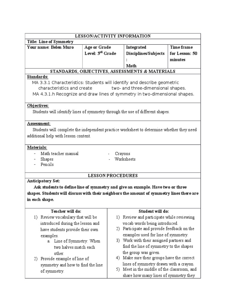 Line Of Symmetry Lesson Plan Grade 3