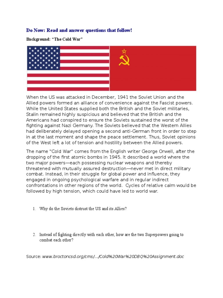 Do Now: Read and Answer Questions That Follow!: Background: "The Cold ...