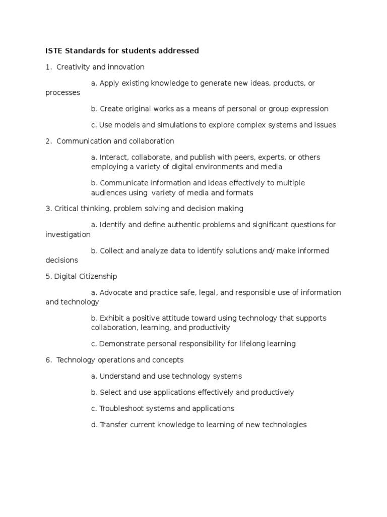 ISTE Standards For Students Addressed | PDF | Collaboration | Creativity