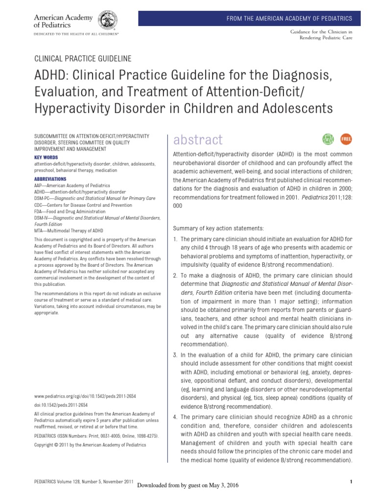 ADHD: Clinical Practice Guideline For The Diagnosis, Evaluation, and ...