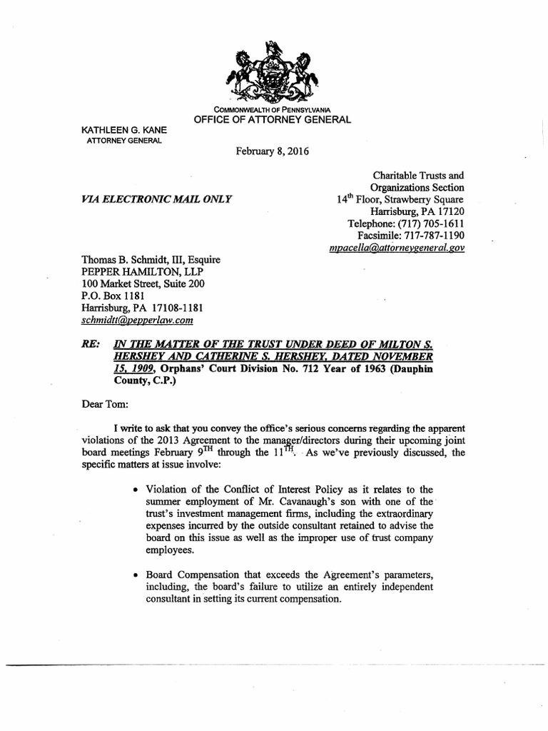 PA OAG Letter To Hershey Trust 2-8-16 | PDF