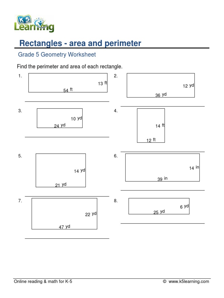 Rectangles - Area and Perimeter: Grade 5 Geometry Worksheet | PDF