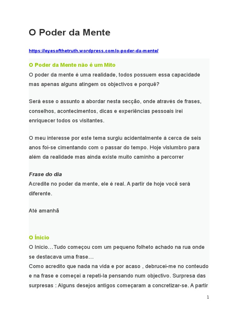 O Poder Da Mente | PDF | Mente | Pensamento