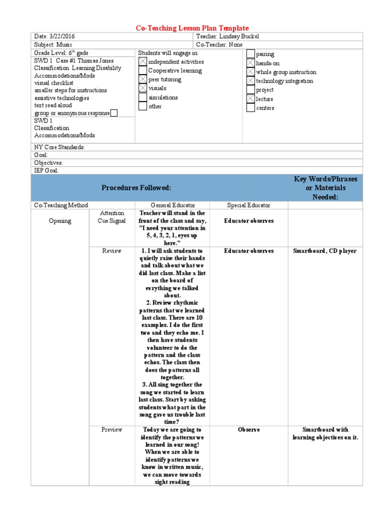 Co-Teaching Music Lesson Plan Template | PDF | Lesson Plan | Rhythm