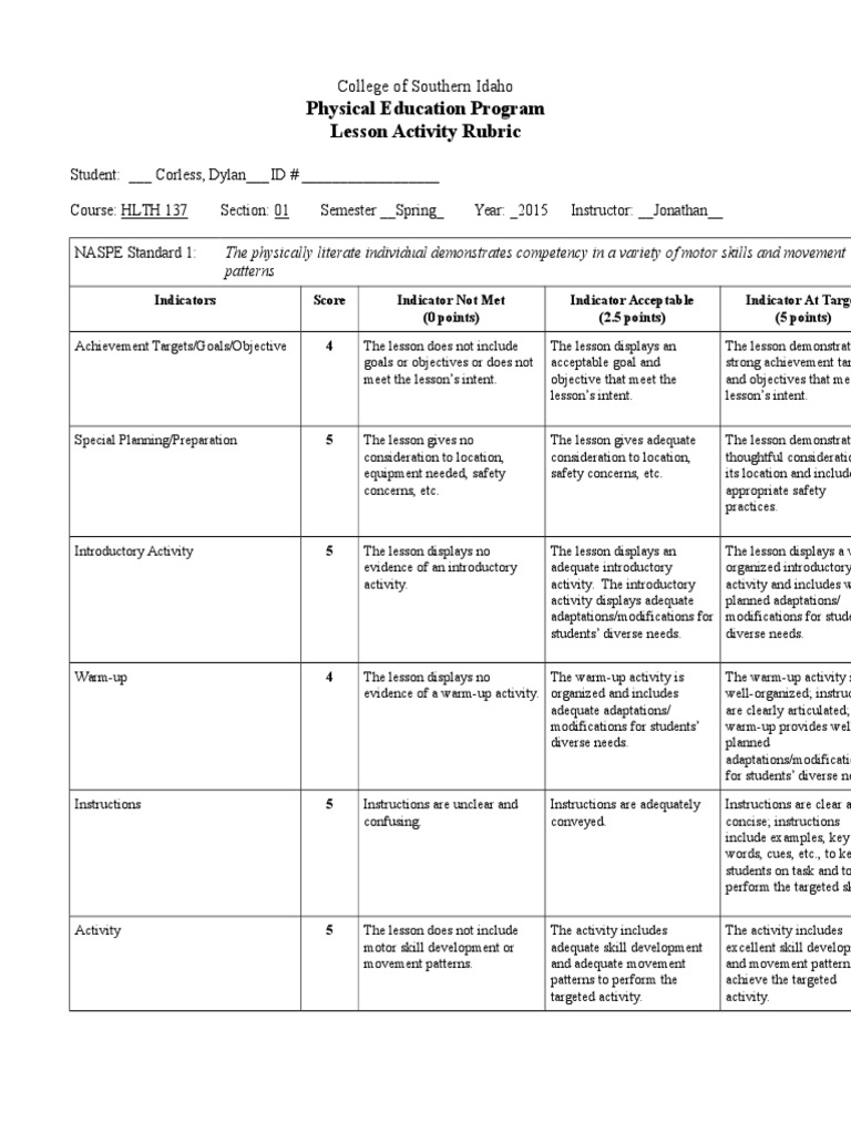 Physical Education Lesson Activity Rubric | PDF | Lesson Plan | Quality ...