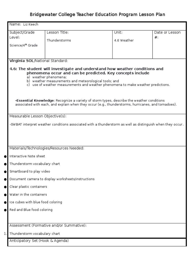 Thunderstorm Lesson Plan for 4th Grade | PDF | Weather | Thunderstorm