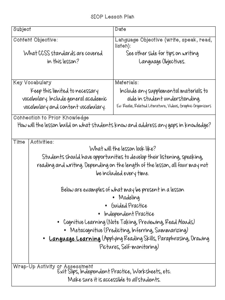 SIOP Lesson Plan Template Guide | PDF | Language Arts & Discipline
