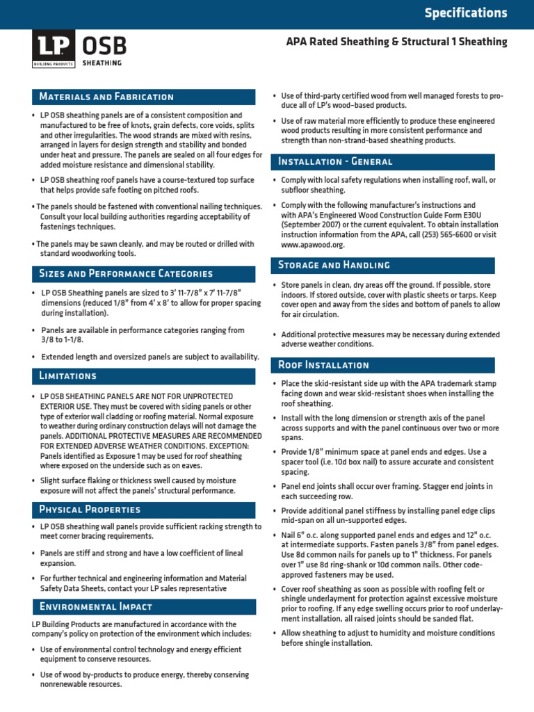 APA Rated Sheathing & Structural 1 Sheathing-LP OSB | PDF | Framing ...