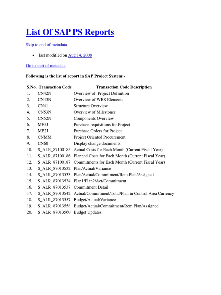 List of Sap PS Report Tcode | PDF | Finance & Money Management ...