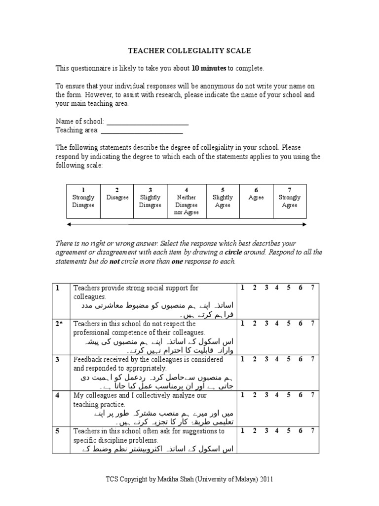 Teacher Collegiality Scale (TCS) | PDF