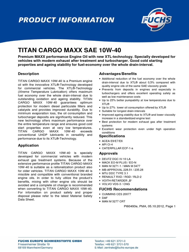 Fuchs Titan Cargo Maxx 10w 40 e | PDF | Motor Oil | Industries