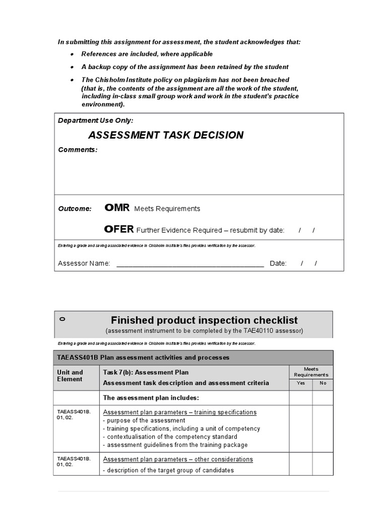 TAEASS401B AssessTask.7 (B) AssessmentPlan | PDF | Competence (Human ...