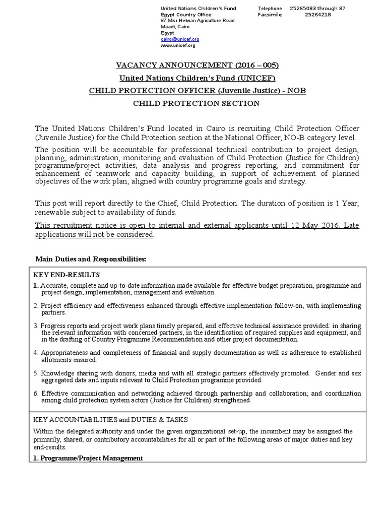 UNICEF Child Protection Officer Vacancy | PDF | Child Protection ...