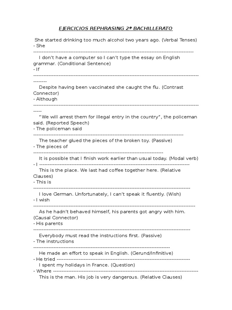 Ejercicios de Rephrasing 2º Bachillerato | PDF