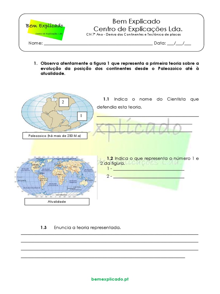 B 3.1 Ficha de Trabalho Deriva Dos Continentes e Tectónica de Placas 2 ...