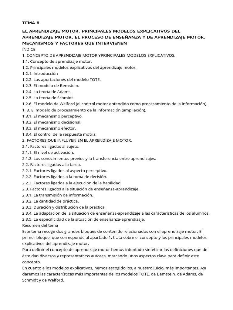 Tema 8. - El Aprendizaje Motor. Principales Modelos Explicativos Del ...