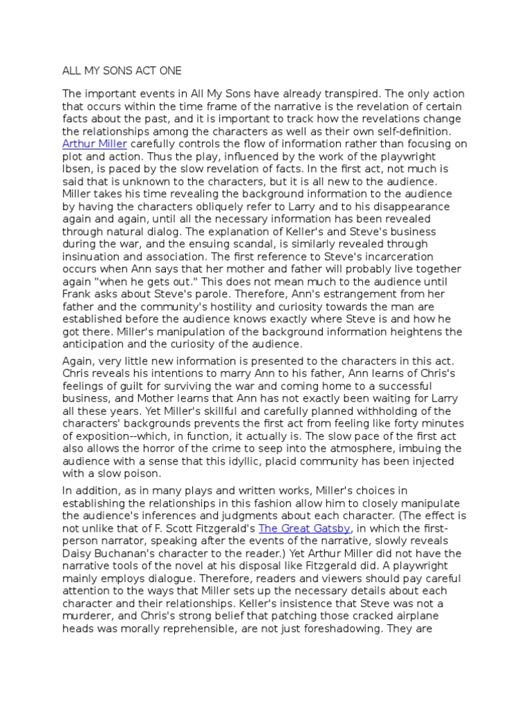 All My Sons Act 1 Analysis | PDF | Mystery, Thriller & Crime Fiction