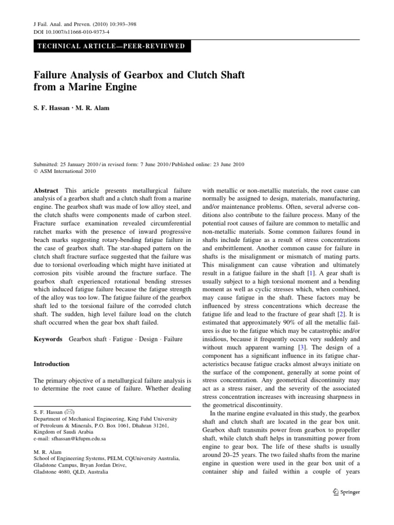 Failure Analysis of Gearbox and Clutch Shaft of A Marine Engine | PDF ...