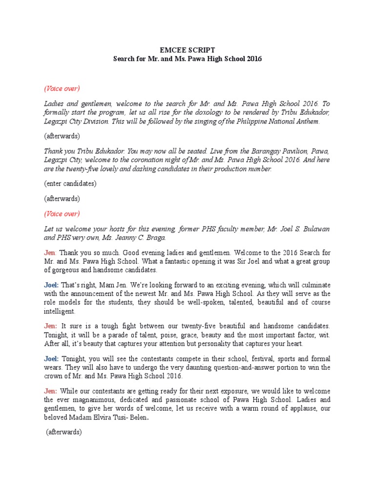 Emcee Script For Pageant | PDF