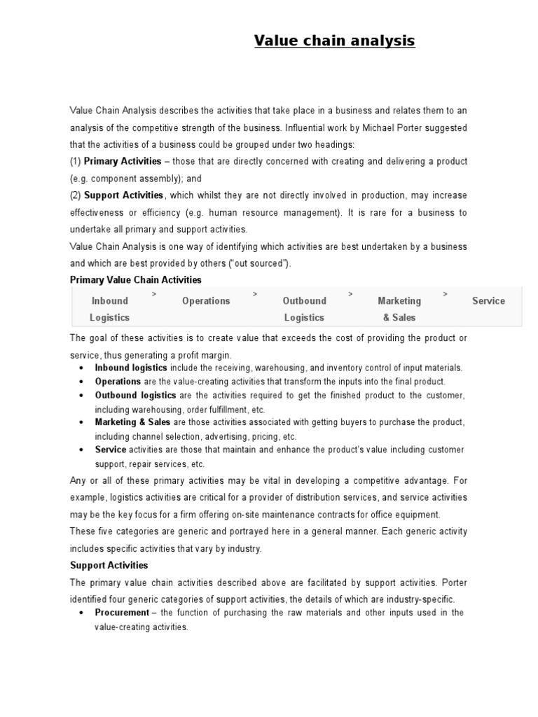 Value Chain Analysis: Inbound Logistics Operations Outbound Logistics ...