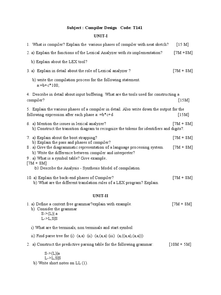 Subject: Compiler Design Code: T141 Unit-I | PDF | Parsing | Compiler