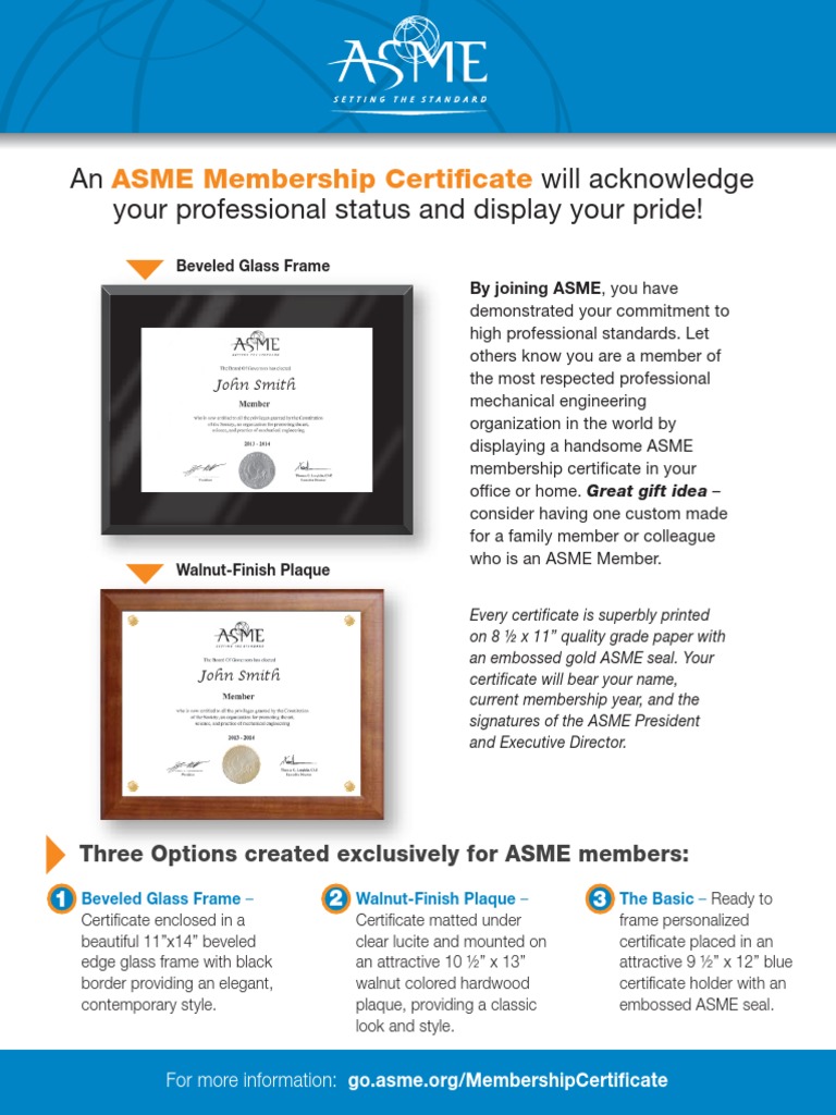ASME Membership Certificate: An will acknowledge your professional ...