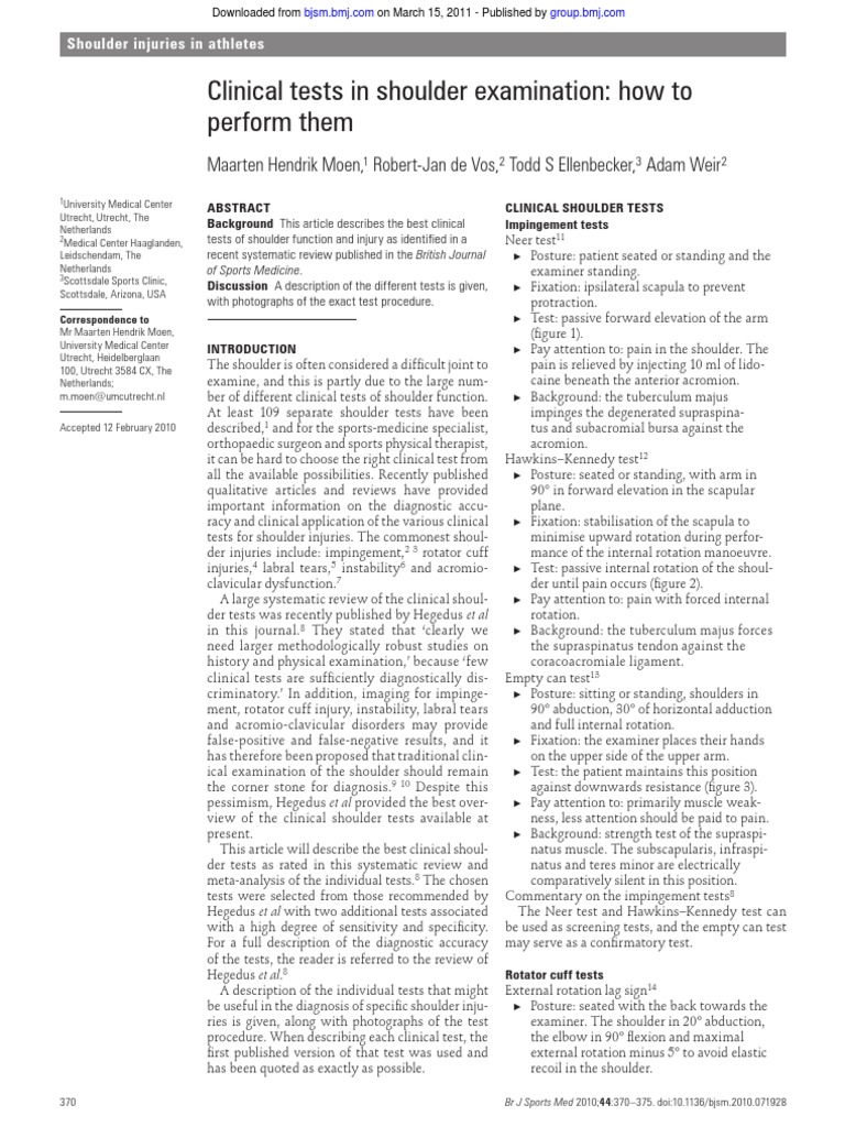 Essential Shoulder Examination Tests | PDF | Shoulder | Anatomical ...