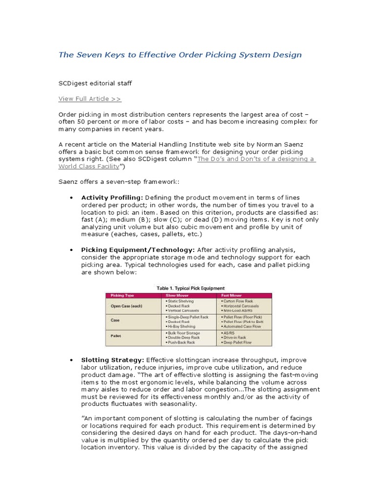 Seven Keys to Order Picking Design | PDF | Warehouse | Production And ...