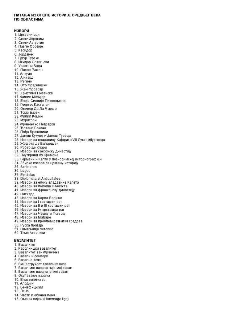Opsta Istorija Srednjeg Veka - Ispitna Pitanja | PDF