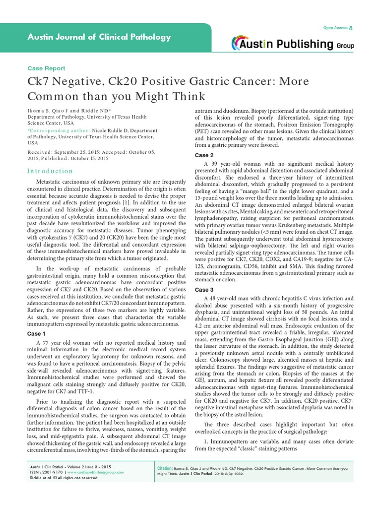 Ck7 Negative, Ck20 Positive Gastric Cancer: More Common than you Might ...