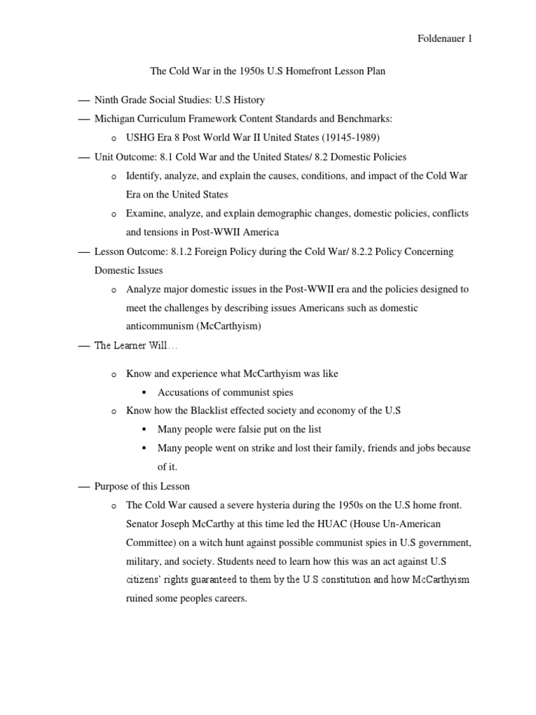 The Cold War in The 1950s U S Homefront Lesson Plan | PDF | Mc ...