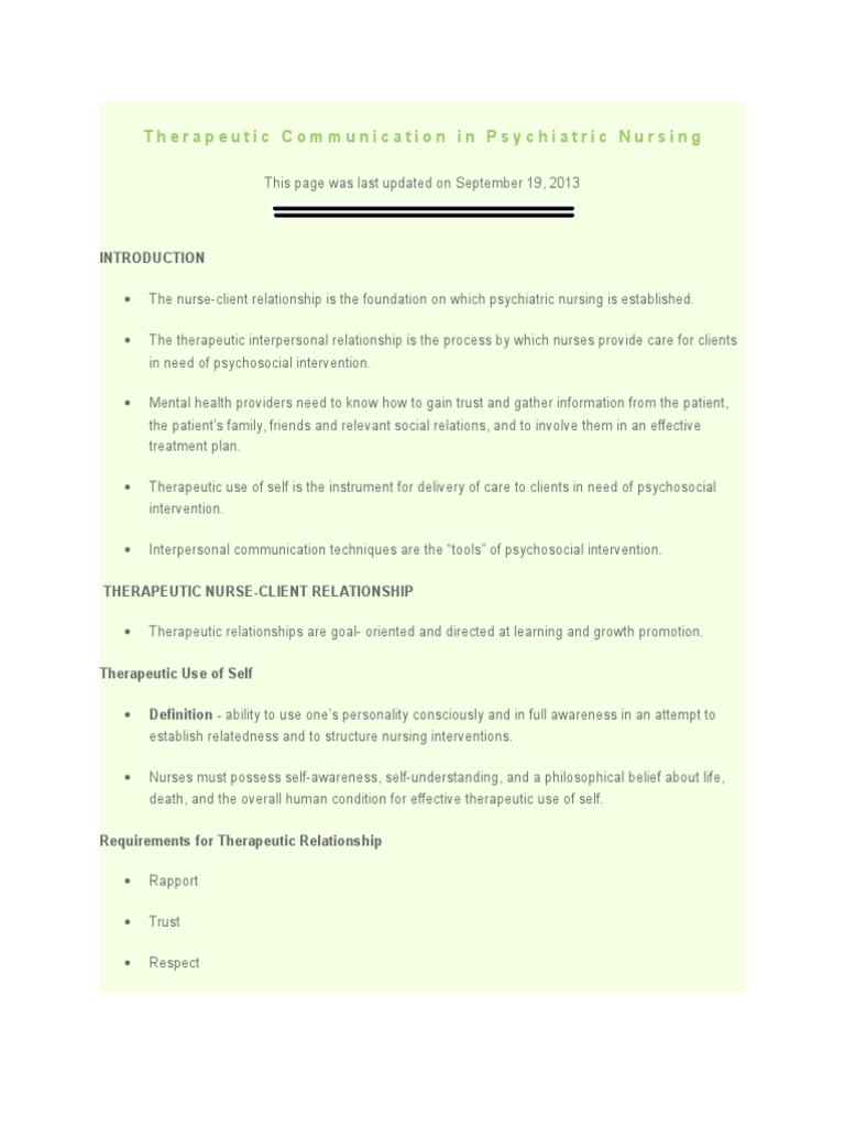 Therapeutic Communication in Psychiatric Nursing | PDF | Psychiatric ...
