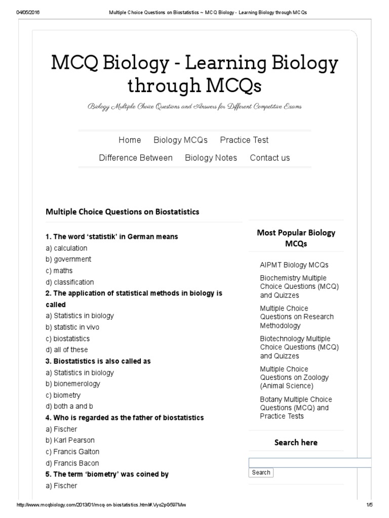 Multiple Choice Questions On Biostatistics - MCQ Biology - Learning Biology Through MCQs | PDF ...