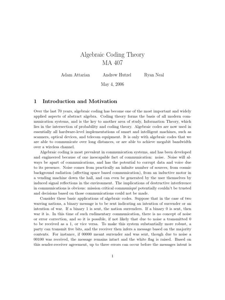 Algebraic Coding Theory MA 407: 1 Introduction and Motivation | PDF ...