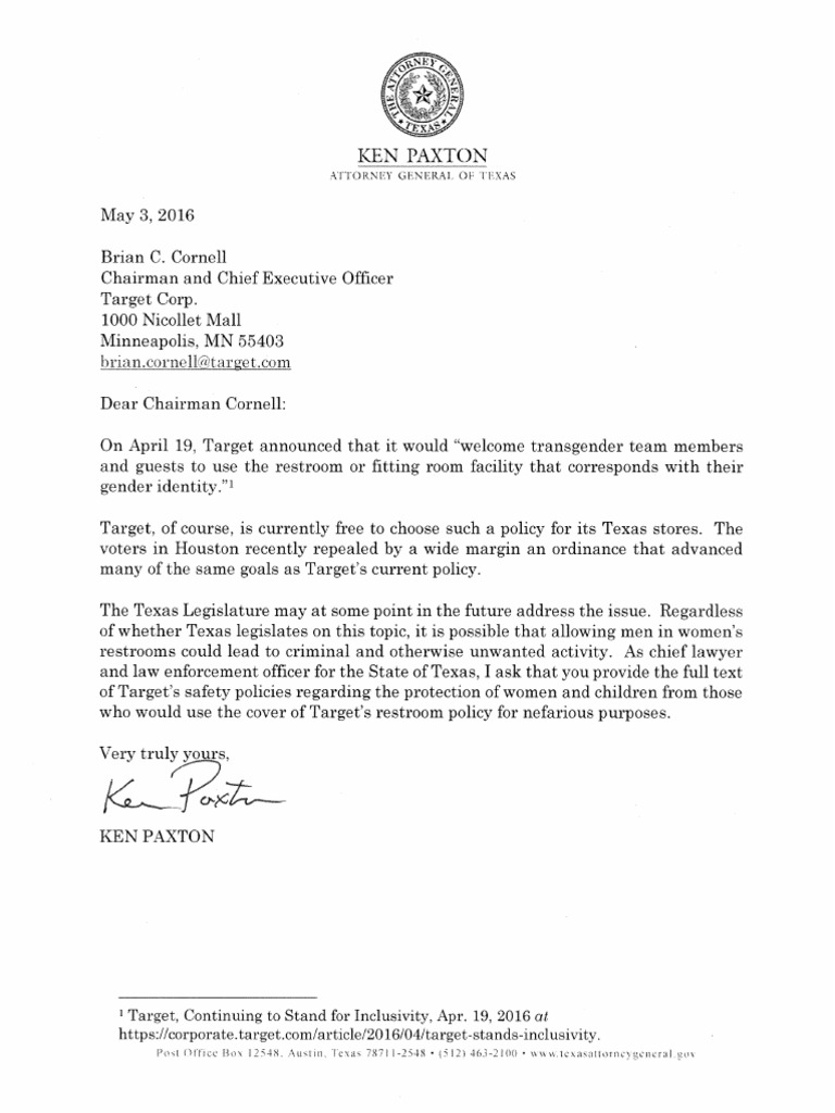 Texas AG Paxton Letter To Target Corp Chairman | PDF | Violence