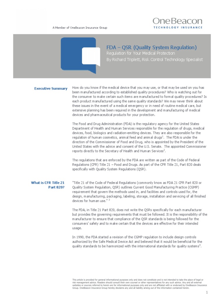 FDA - QSR (Quality System Regulation) | PDF | Food And Drug Administration | Quality Management ...