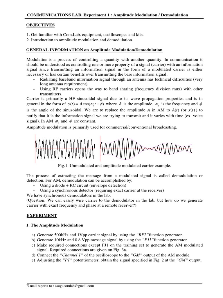 Communications Lab Experiment 1 Amplitude Modulation Demodulation Objectives Pdf