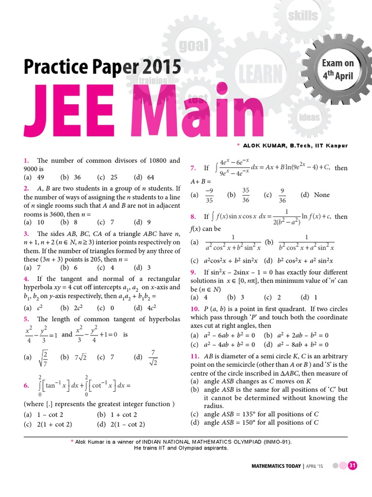 JEE Main: Practice Paper 2015 | PDF | Circle | Trigonometric Functions