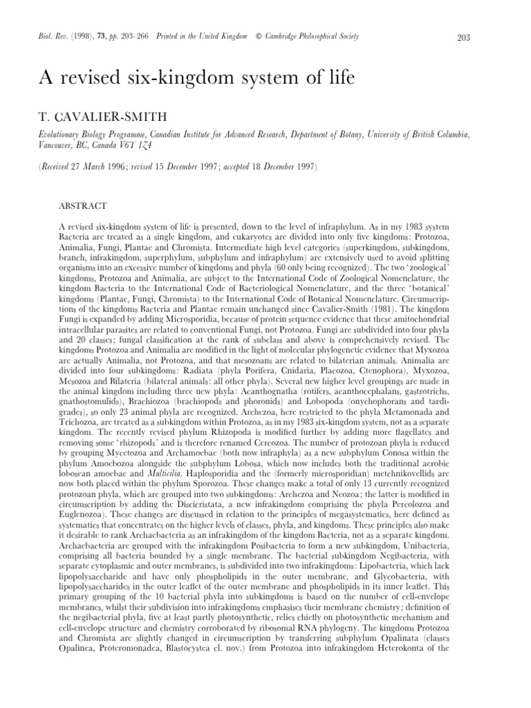 A Revised Six-Kingdom System of Life (Cavalier-Smith) | PDF | Taxonomy ...