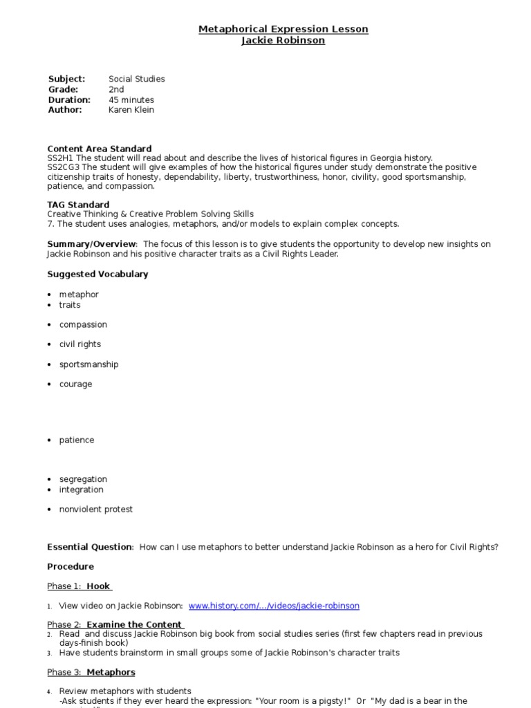 Jackie Robinson's Character Traits Lesson | PDF | African American ...