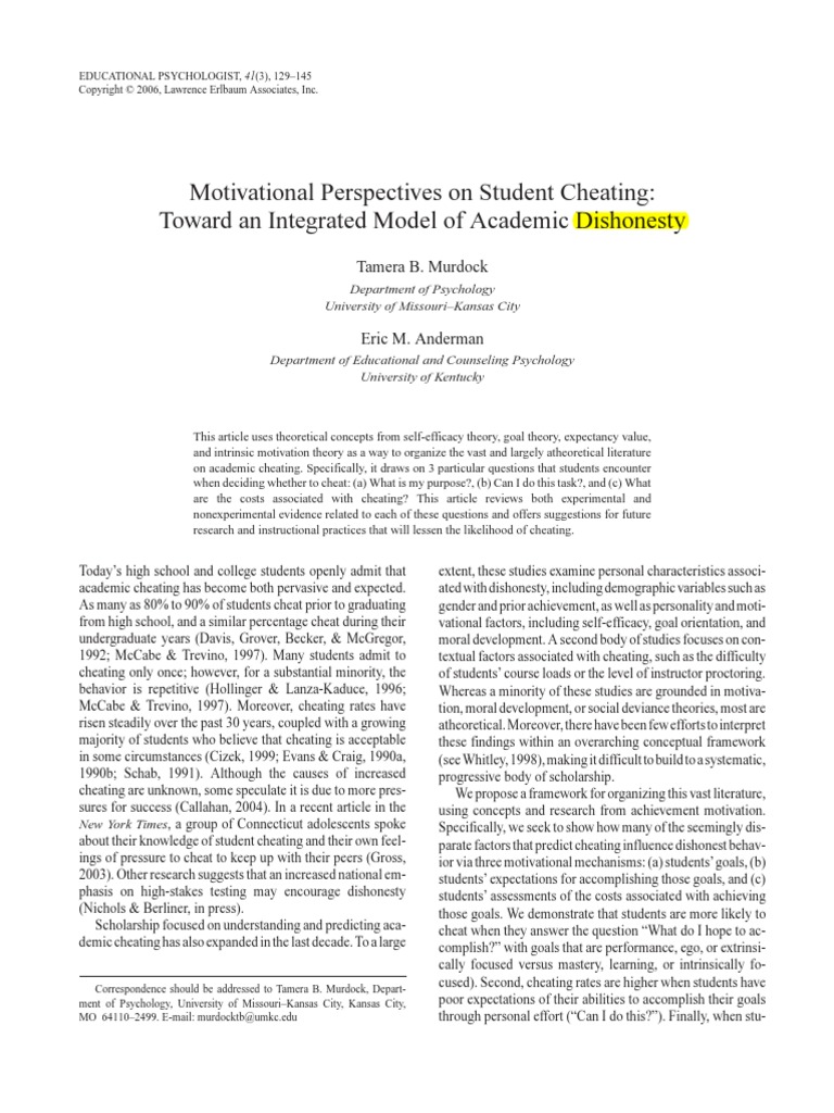 Motivational Perspectives On Student Cheating: Toward An Integrated ...