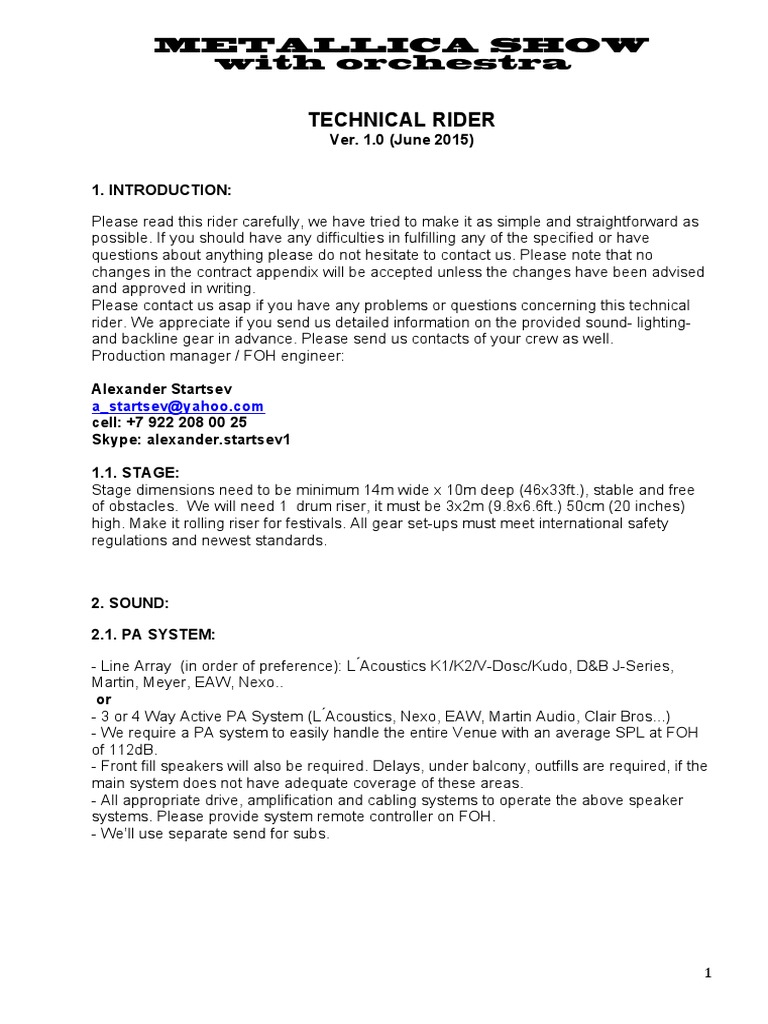 Metallica Show Technical Rider Eng | PDF | Drum Kit | Microphone