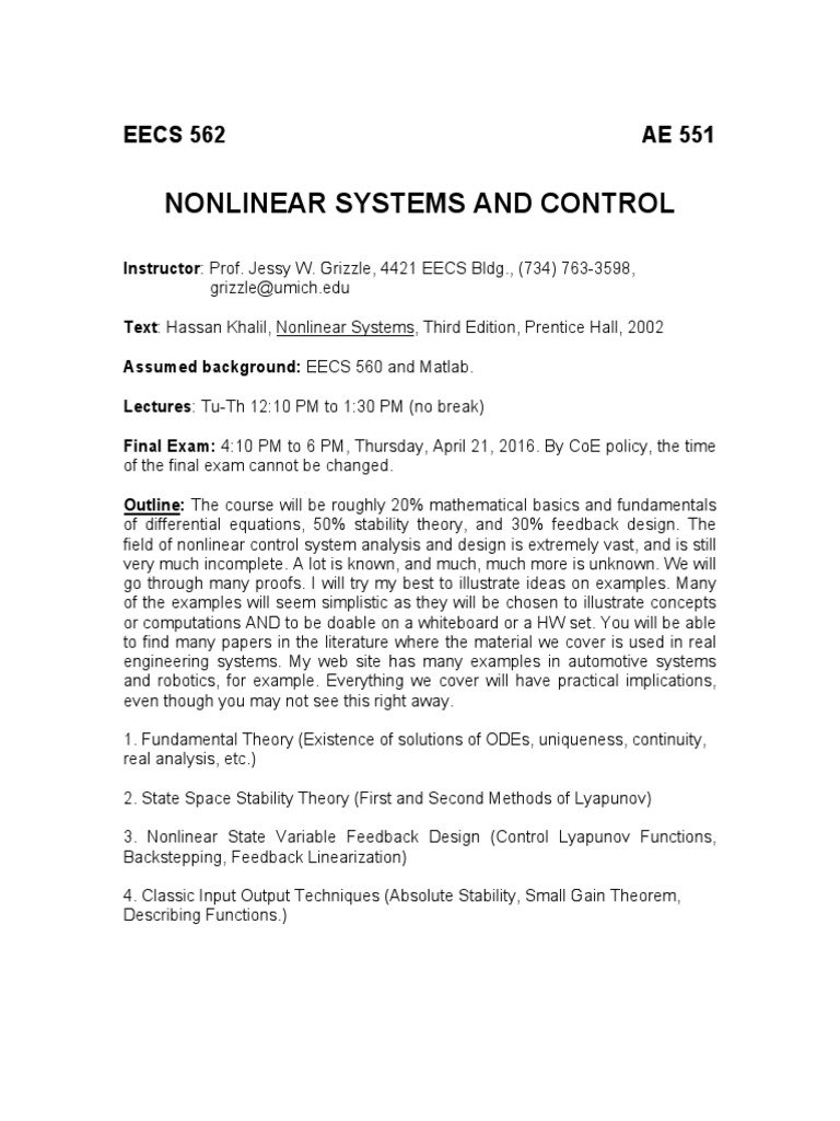 EECS 562 Syllabus2016 | PDF | Stability Theory | Control Theory
