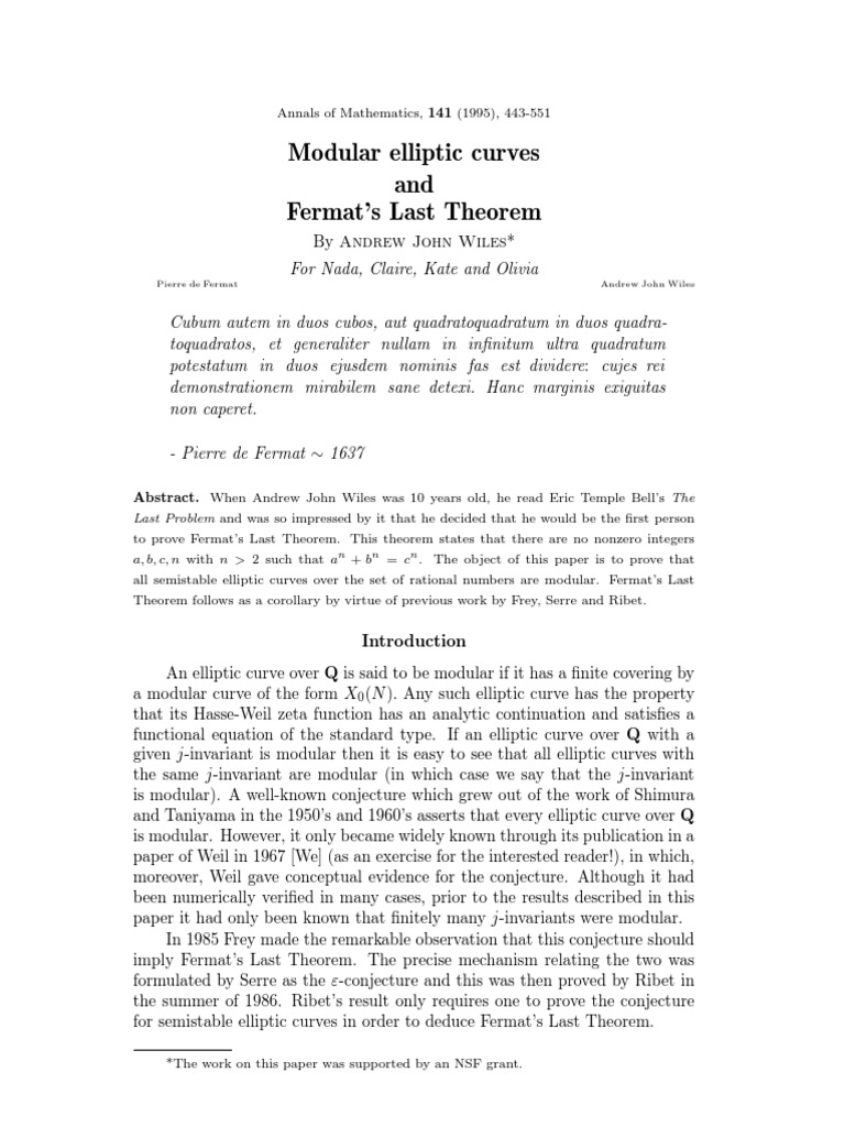 Annals Of Mathematics Andrew Wiles Modular Elliptic Curves And Fermat
