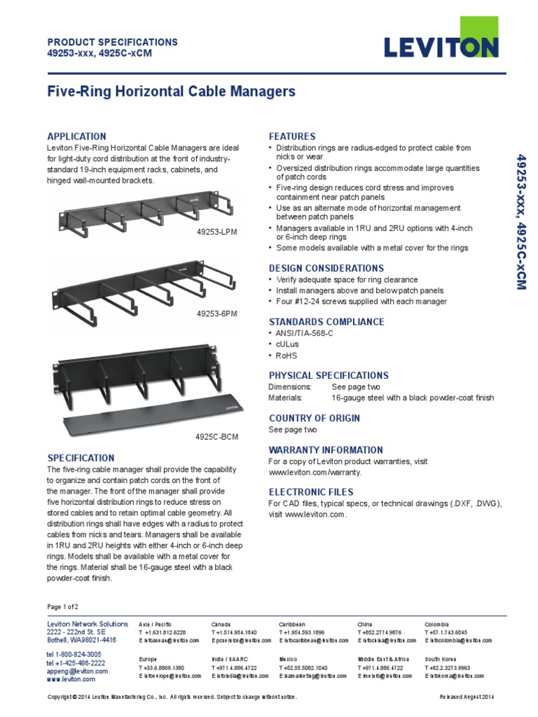 Leviton 49253-Xxx 4925C-XxM Five-Ring Horizontal Cable Manager | PDF ...