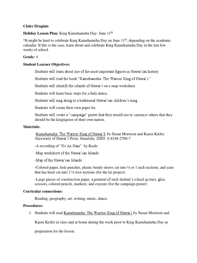 King Kamehameha Day Lesson Plan | PDF | English Language | Translations