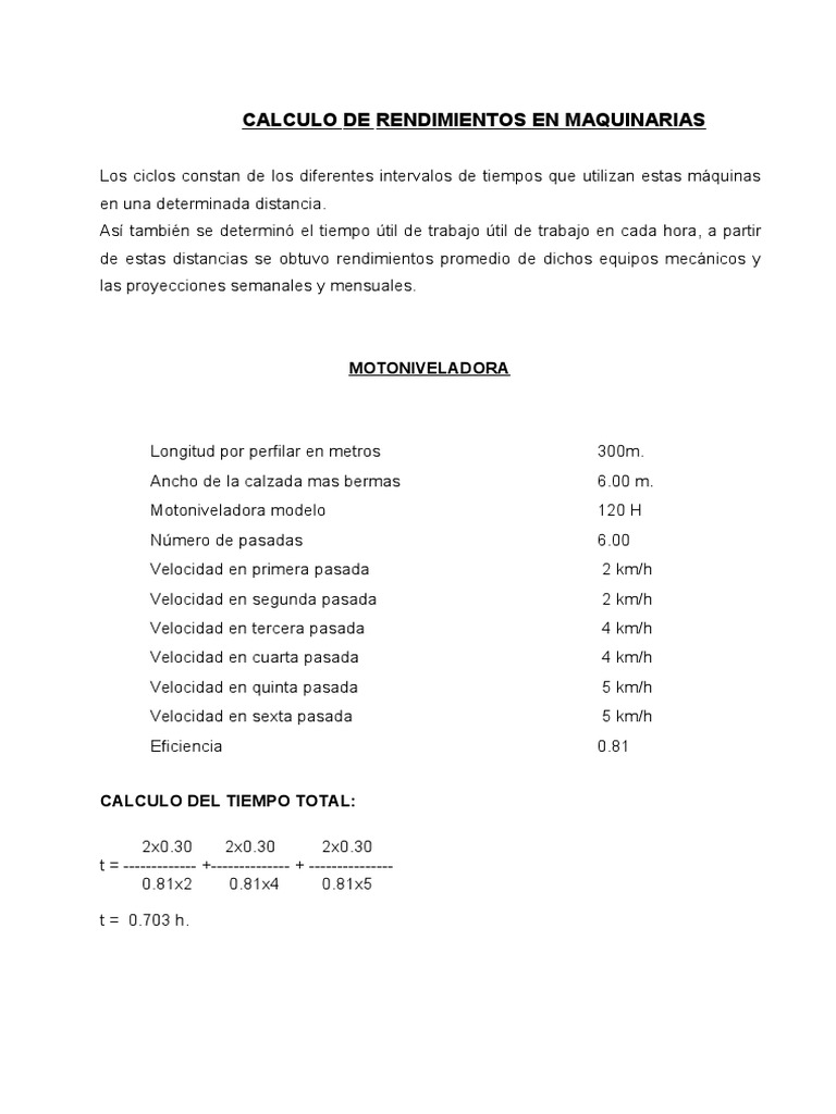 Calculo de Rendimientos en Maquinarias | PDF | Ingeniería | Unidades de ...