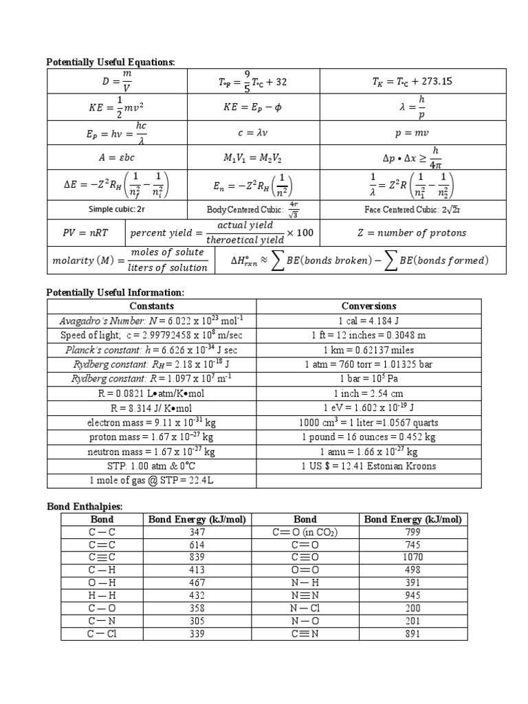 Chem Equation Sheet | PDF | Technology & Engineering