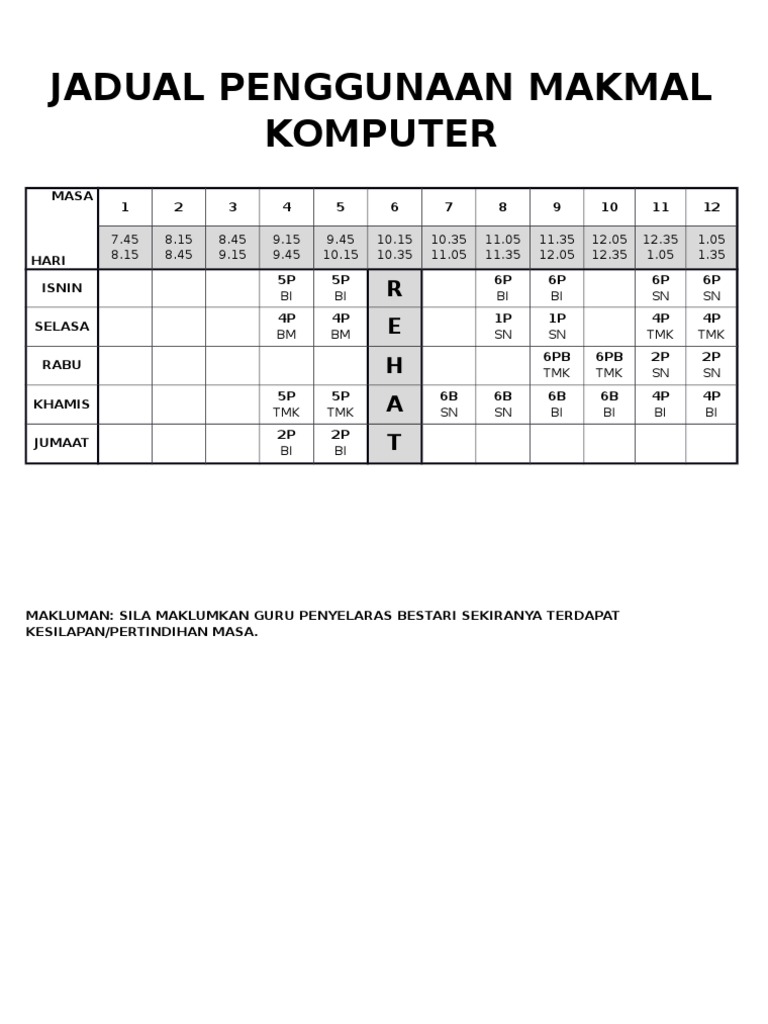 Jadual Penggunaan Makmal Komputer | PDF